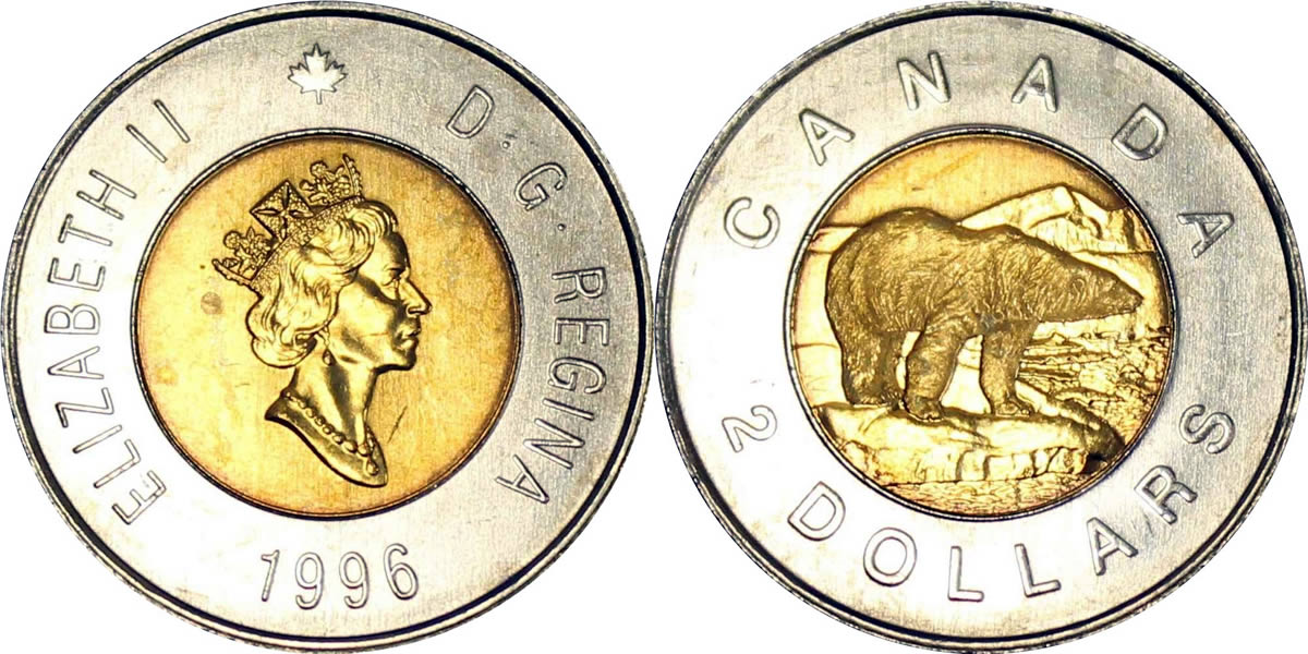1996 Canadian Planchet Diademed Portrait, Maple Leaf Logo, Polar Bear ...