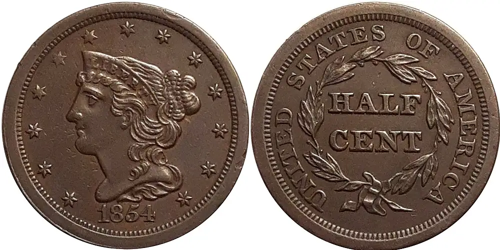 1854 Braided Hair Half Cent Photos, Mintage, Specifications, Errors ...